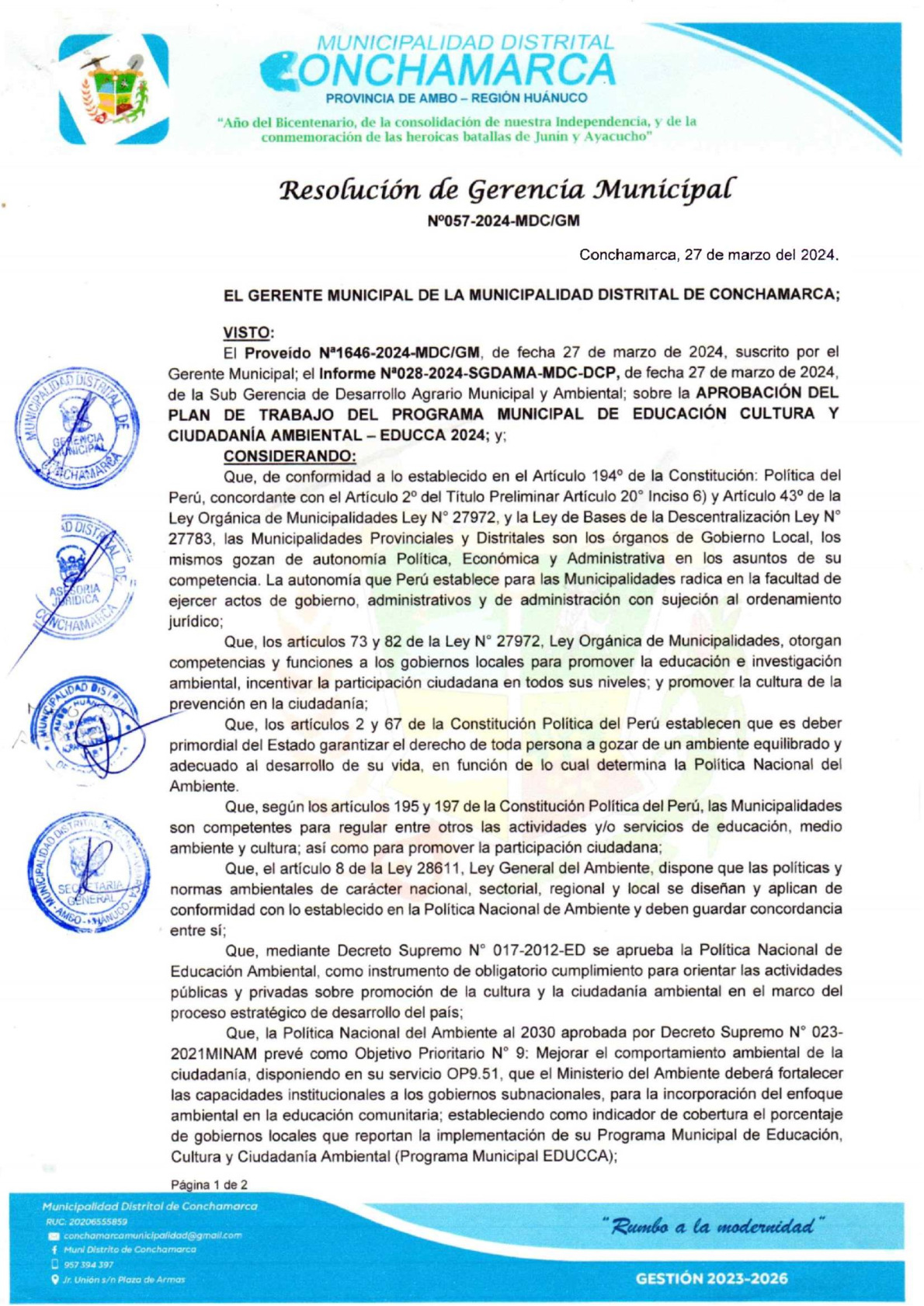 Plan de Trabajo 2024 del Programa Municipal EDUCCA - Municipalidad Distrital de Conchamarca | SINIA